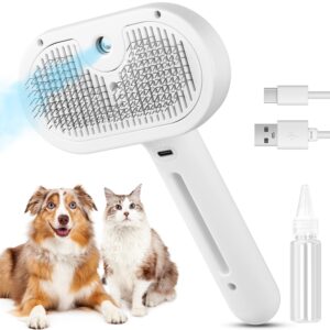 cat steam brush, 3 in 1 cat brush for shedding & grooming, water brush for cats dogs, pet hair removal comb for long short haired small animal, self cleaning slicker brush with release button