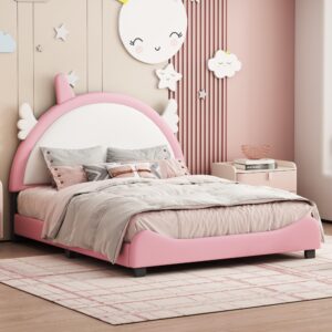 bellemave full size princess bed frame with unicorn shape headboard,pu upholstered princess full bed for girls,kids full platform bed(full,pink)