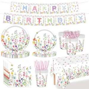 122pcs wildflower baby shower party supplies for girls first birthday spring floral wedding party decorations disposable plates napkin cups tablecloth banner tableware set for 20 guests