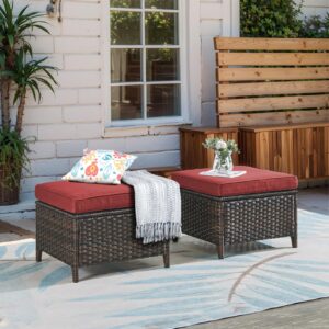 outdoor ottoman set of 2 - pe wicker rattan ottoman patio footstool for deck porch balcony garden - brown/red