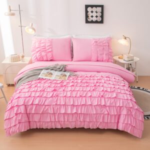 yadangxiawa teen girls pink princess dress comforter set queen size, 5 pcs bed in a bag girls queen, girls pink ruffled bedding set, teen bedding sets for girls kids with sheets