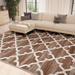 releany 8x10 area rugs for living room machine washable non-slip brown rugs moroccan modern trellis carpet for dining room bedroom kitchen indoor entryway laundry room