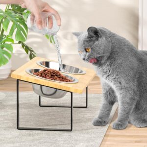 elevated cat bowls double: 15°tilted bamboo food & water feeding dishes - large stainless steel feeder set for cat & puppy