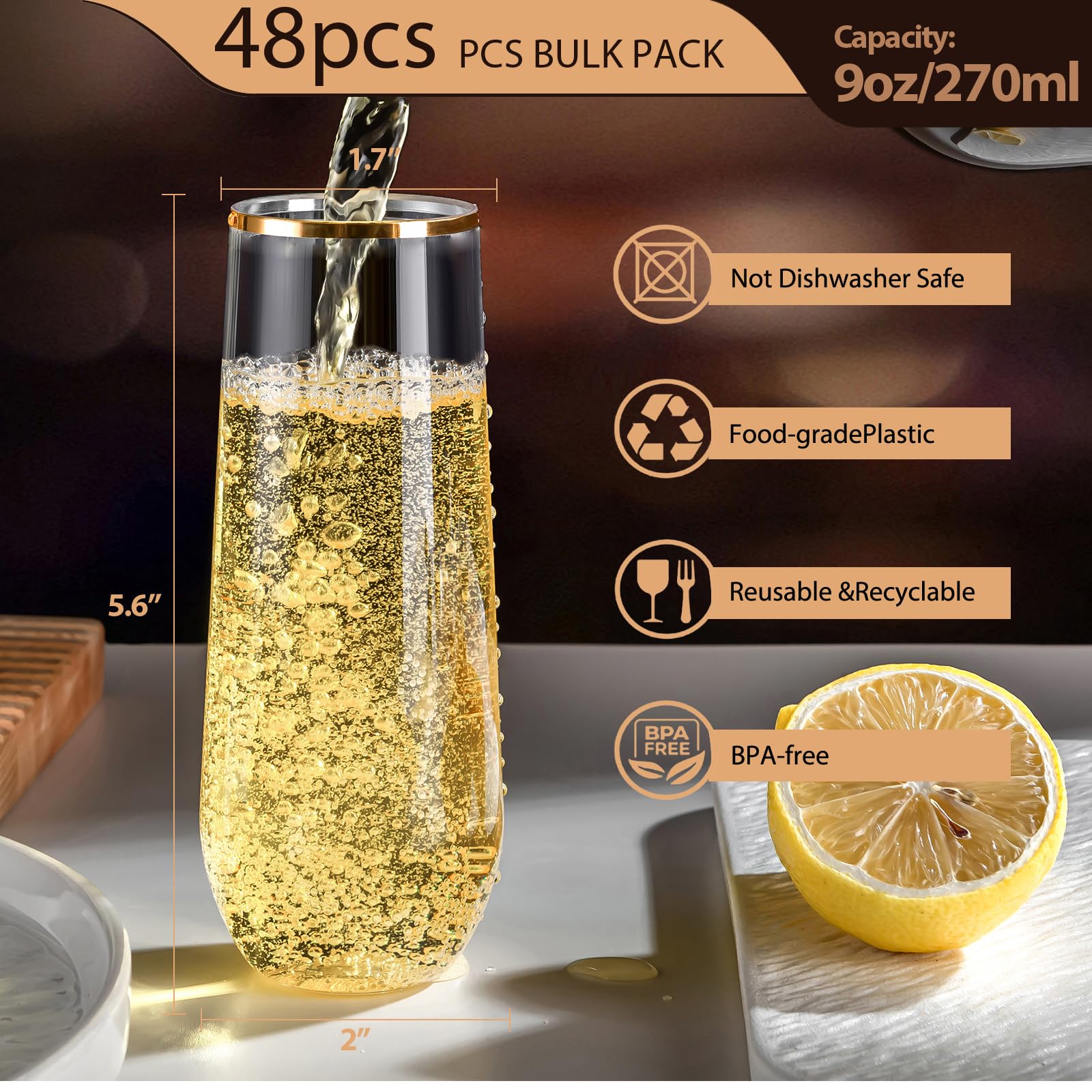 Lueumxc 48 Pack Plastic Champagne Flutes, 9 Oz Plastic Stemless Champagne Flutes Disposable Gold Rim Clear Plastic Toasting Glasses Shatterproof Recyclable and BPA-Free Perfect For Wedding