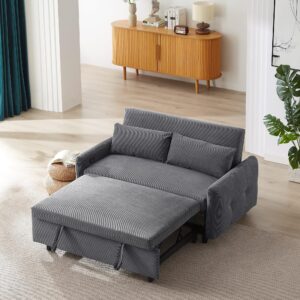 modern convertible pull-out sofa bed with adjustable backrest, 2 seat loveseat sofa couch, corduroy fabric sleeper sofa with 2 throw pillows and usb ports for living room office (dark grey-2)