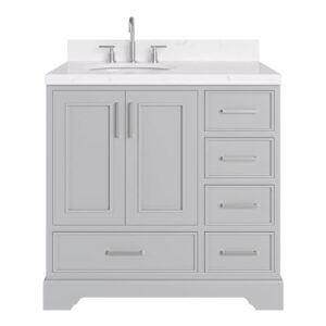 ariel stafford 36" grey bathroom vanity, 1.5" edge carrara white quartz countertop & splash, left oval sink, 2 soft closing doors, 5 full extension dovetail drawers, brushed nickel