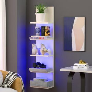 bloddream 5 tier wall shelf with rgb light, modern wall mount lack shelf, vertical column shelf floating storage home decor organizer tall tower design utility shelf, white