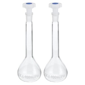 patikil 100ml volumetric flask, 2pcs 3.3 borosilicate glass graduated volumetric measuring flask with plug cap tolerance 0.1ml for lab experiment, clear