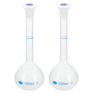 patikil 100ml volumetric flask, 2 pack polypropylene graduated volumetric measuring flask with plug cap tolerance 0.3ml for laboratory experiment, translucent