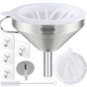 5 inch stainless steel funnel with strainer and 200 fine mesh filter, food grade metal funnel, cooking oil filter, oil strainer for deep fryer, milk strainer, funnels for kitchen use filling bottles