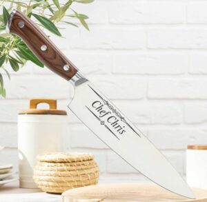 custom chef stainless kitchen 8-inch knife with sheath and box, laser engraved personalization gift for him, her, birthday, housewarming, anniversary, kitchen cooking knife gift set