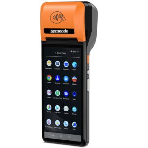 symcode thermal pos receipt printer with android 8.0 os 5.9inch touch screen terminal handheld pda printer, support wi-fi bluetooth, support loyverse, kyte, ireap, built-in google play orange