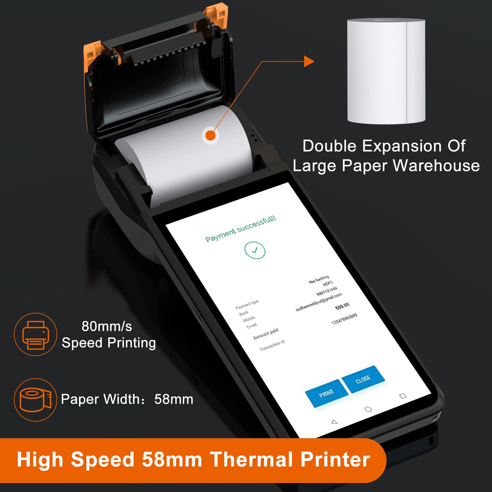 symcode Thermal POS Receipt Printer with Android 8.0 OS 5.9inch Touch Screen Terminal Handheld PDA Printer, Support Wi-Fi Bluetooth, Support Loyverse, Kyte, iReap, Built-in Google Play Orange