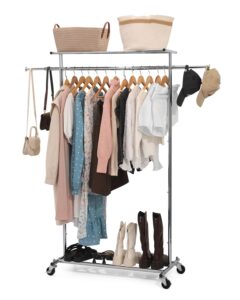 house again clothes rack on wheels with extra top storage shelf, large rolling garment rack for hanging clothes, heavy-duty metal clothing rack organizer for bedroom, living room -silver