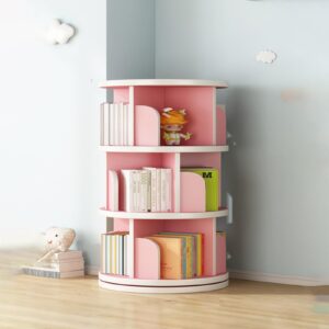 byerz rotating bookshelf, small book shelf for small spaces, 360 rotating bookshelf storage rack, wood narrow book shelf organizer for bedroom, living room book shelves, pink