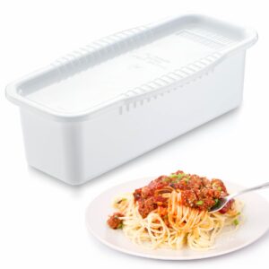 microwave pasta cooker with strainer lid,pasta cooker in microwave makes 4 servings of pasta quickly and easily,microwave spaghetti cooker makes perfect pasta every time for dorm, kitchen or office