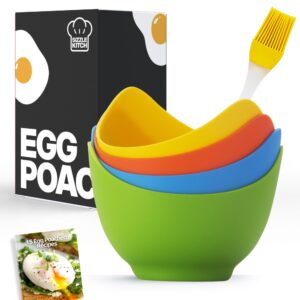 sizzle kitch egg poachers silicone egg poacher cups nonstick egg poaching cups poached egg cooker for stove top microwave air fryer, bpa free 4 pack egg cooking cups with extra oil brush recepies