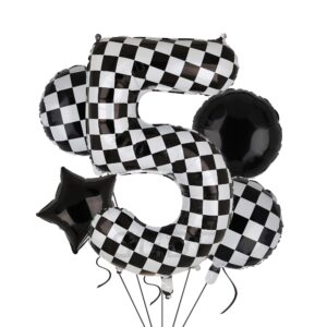 40 inch checkered number balloon 5 black and white race car birthday balloons baby hippie smile party shower boys 5th birthday race car theme party decor supplies 5 pcs