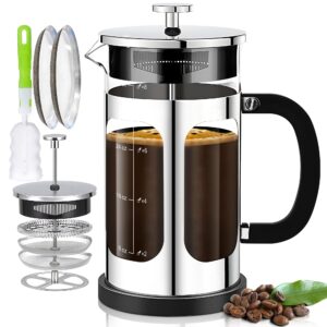 ymmind french press coffee maker (34oz 1quart 5-6cup) coffee press, with 4 filters system, heat resistant thickness borosilicate glass, cold brew coffee tea pot gifts (silvery)