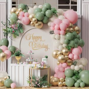 sage green pink balloon arch garland kit,137pcs blush pastel pink and sage green white sand gold balloons for boho girls woodland baby shower wedding jungle safari birthday party decorations