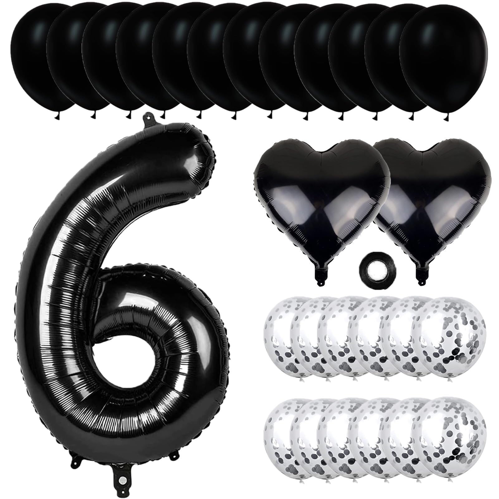 40 inch Giant Large Black Number 6 Balloon,with Foil Heart Balloons/Latex Balloons for Birthdays, Anniversaries, Graduations, 6th Birthday Decorations for Kids