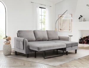 modern velvet pull out sleeper sofa bed with chaise, comfy l shaped convertible couch with storage and pocket, sectional 3 seat couch for living room furniture or office, smooth back - light gray