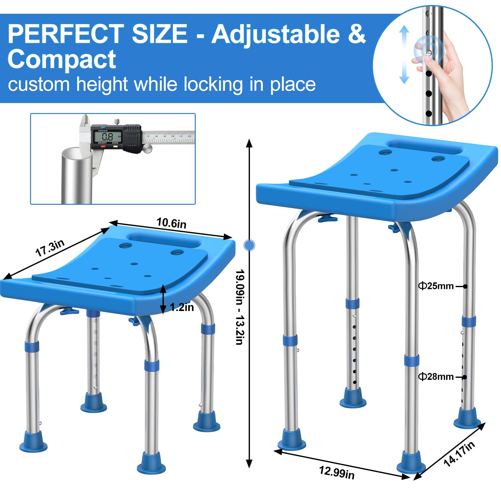 UGarden Heavy Duty Stainless Steel Shower Chair Seat, 400lbs Adjustable Height Shower Stool for Inside Shower, Blue Bath Seat Chair, Handicap Bathroom Stool, Shower Stools for Seniors, Adults,Disabled