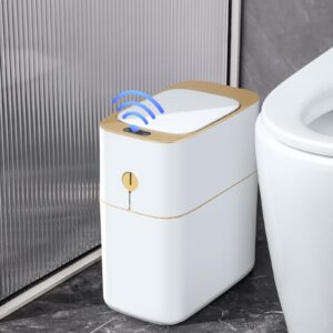 joybos bathroom trash can with automatic touchless lid,4 gallon slimline privacy garbage can with motion sensor and waterproof design for bathroom, bedroom, toilet, office white with gold