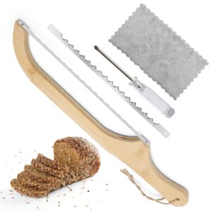 anglecai wooden bread bow knife, 15.7'' sourdough bread knife homemade bread serrated slicer cutter, premium stainless steel bagel bread knife fiddle bow design for easy cutting bread