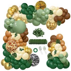 ilafm 142pcs safari jungle wild one balloon garland arch kit sage green and brown balloons with animal print balloons palm leaves for woodland tropical birthday party supplies baby shower decorations