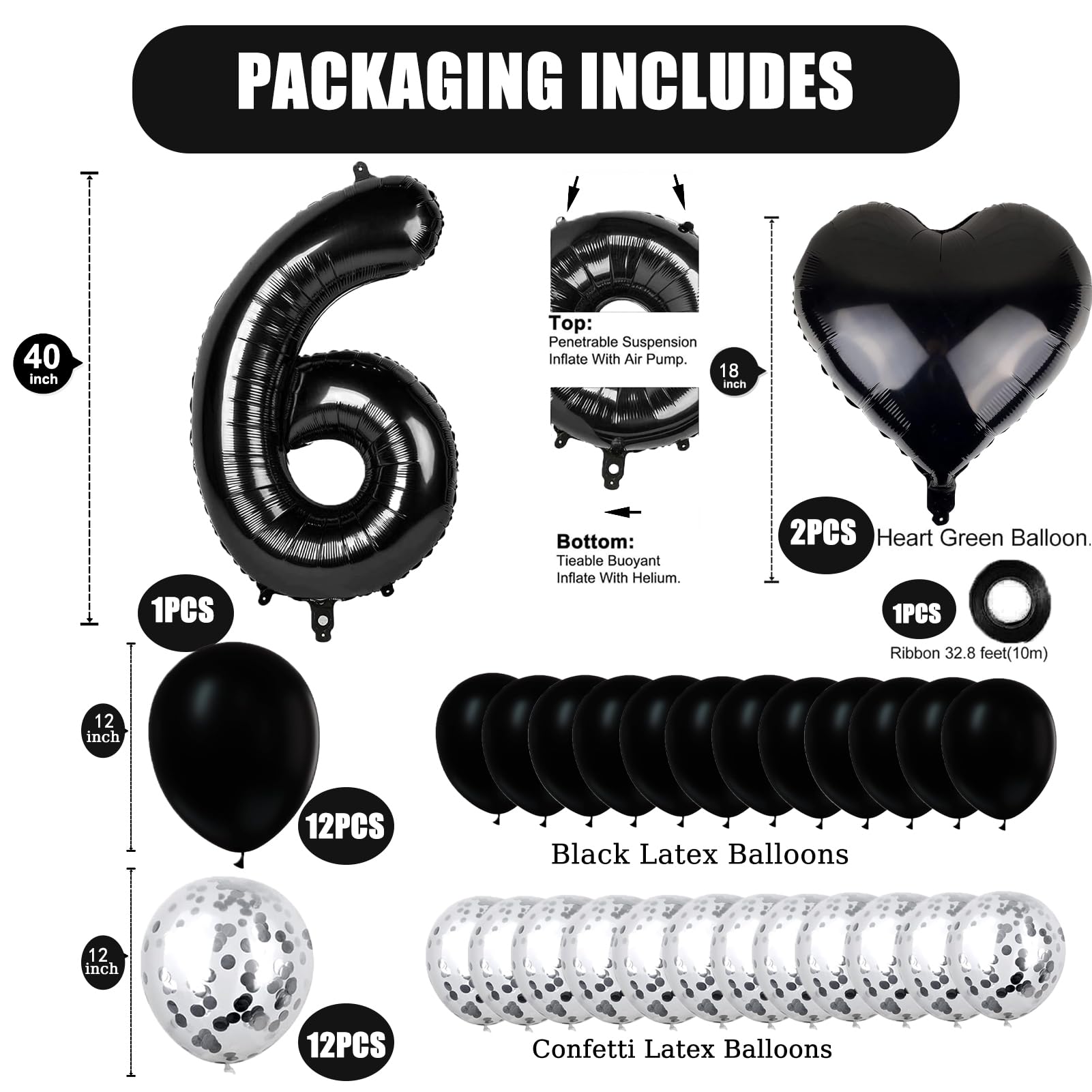 40 inch Giant Large Black Number 6 Balloon,with Foil Heart Balloons/Latex Balloons for Birthdays, Anniversaries, Graduations, 6th Birthday Decorations for Kids