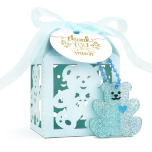 25 sets baby shower favor boxes for guests with bear decorative pendant and thank you tag, candy box for boys and girls birthday party bridal shower anniversary souvenir gifts keychains (blue)