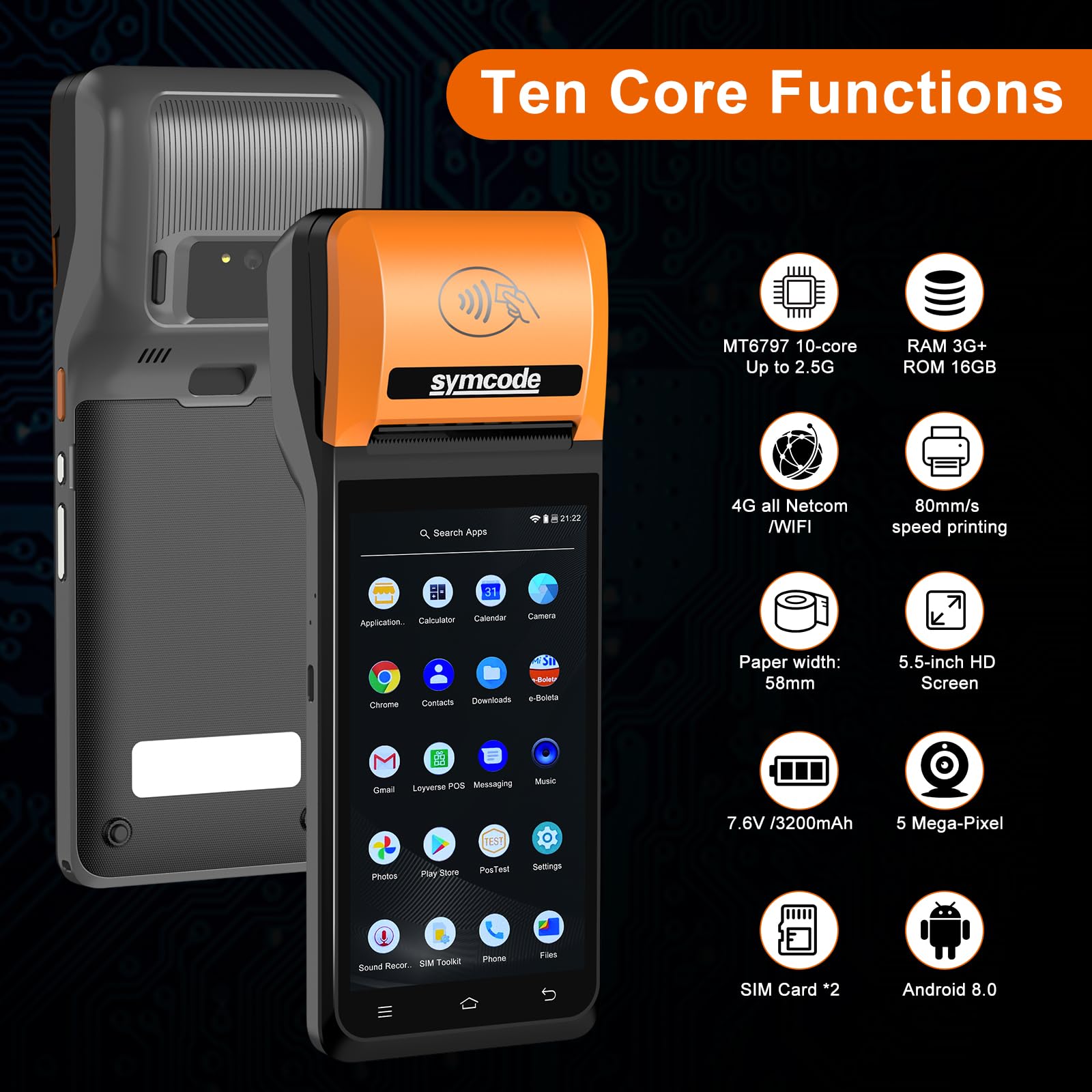 symcode Thermal POS Receipt Printer with Android 8.0 OS 5.9inch Touch Screen Terminal Handheld PDA Printer, Support Wi-Fi Bluetooth, Support Loyverse, Kyte, iReap, Built-in Google Play Orange