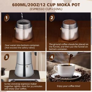 VONATES Stovetop Espresso Maker, 12 cup Moka Pot, Italian Coffee Maker Percolator, Stainless Steel Espresso Pots, 600ml/20oz(Espresso Cup=50ml) Coffee Pot Cafe Maker for Induction Cookers, Hobs