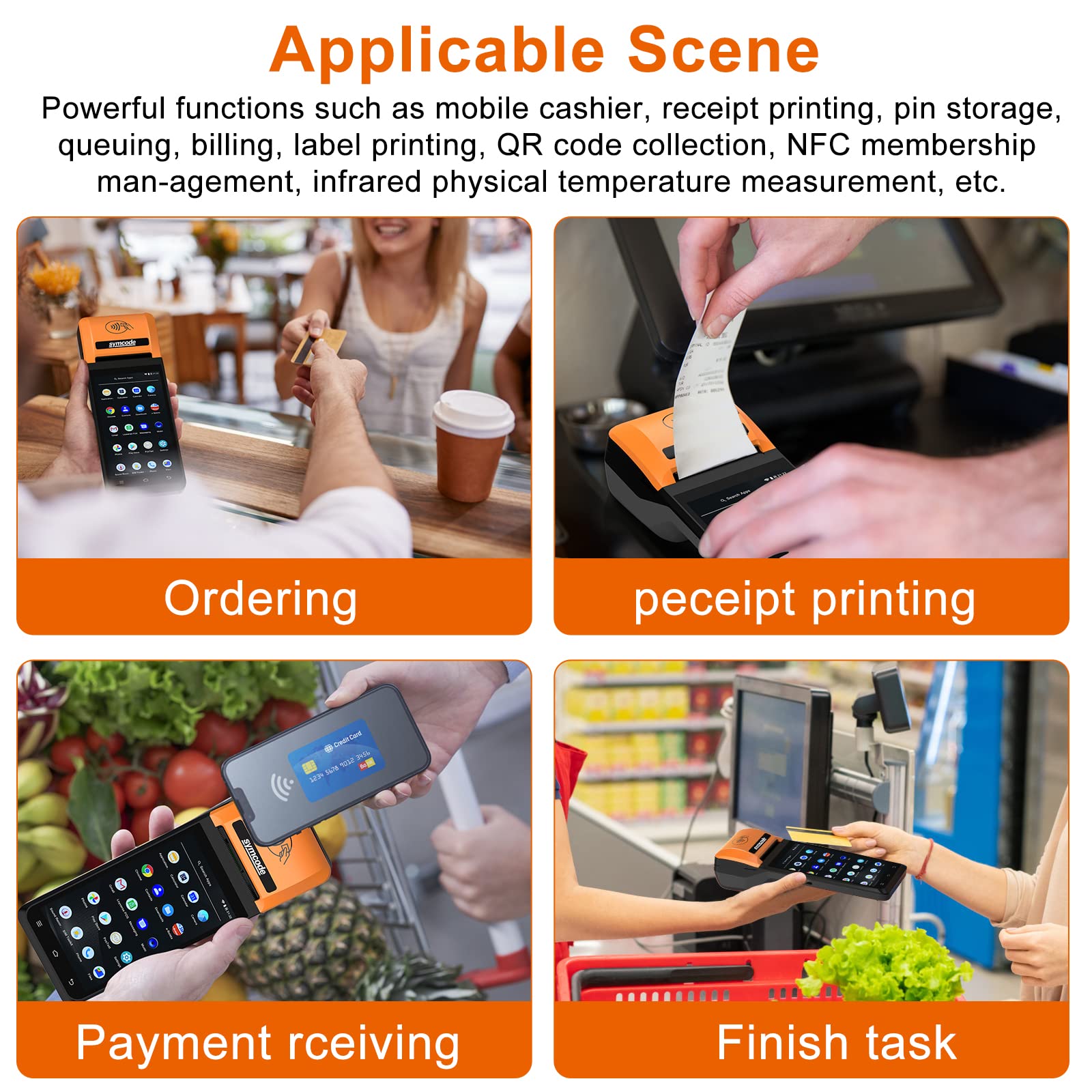 symcode Thermal POS Receipt Printer with Android 8.0 OS 5.9inch Touch Screen Terminal Handheld PDA Printer, Support Wi-Fi Bluetooth, Support Loyverse, Kyte, iReap, Built-in Google Play Orange