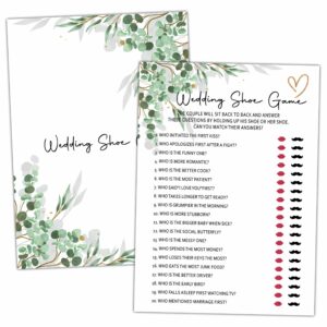 bridal shower party games, wedding shoe game minimalist wedding shower game for adults, 25 eucalyptus greenery engagement party games cards (5" x 7"), bachelorette party supplies decorations -07