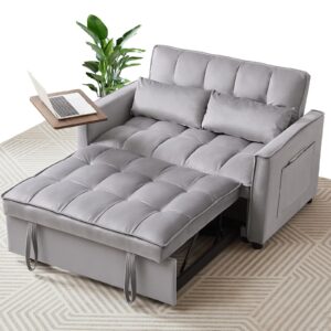 rovibek 3 in 1 sleeper sofa couch bed pull out sofa bed convertible futon loveseat velvet 2 seat lounge grey for living room, with adjustable backrest 2 pillows side table