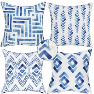 famibay outdoor pillows for patio furniture decorative outdoor pillow covers 18x18 waterproof blue watercolor outdoor throw pillows set of 4, covers only