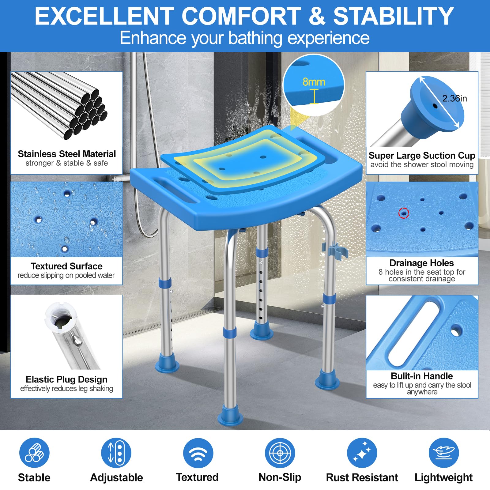 UGarden Heavy Duty Stainless Steel Shower Chair Seat, 400lbs Adjustable Height Shower Stool for Inside Shower, Blue Bath Seat Chair, Handicap Bathroom Stool, Shower Stools for Seniors, Adults,Disabled