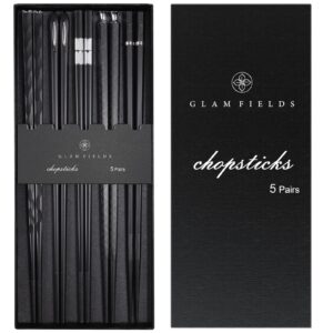 glamfields 5 pairs premium chopsticks reusable dishwasher safe 9.5 inch fiberglass chop sticks gift set non slip black + silver