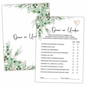 bridal shower party games, over or under minimalist wedding shower game for adults, 25 eucalyptus greenery engagement party games cards (5" x 7"), bachelorette party supplies decorations -02