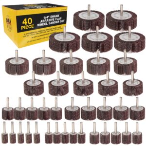 dura-gold 40-piece 1/4" shank abrasive flap wheel sander set, 80 grit aluminum oxide sandpaper - 8 cylindrical diameter sanding wheel sizes - use drills, grinders to sand grind strip metal, wood paint