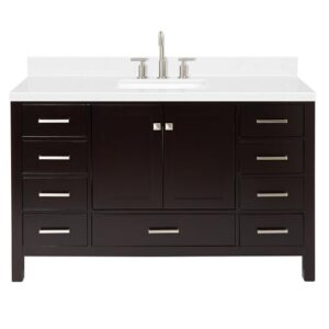 ariel cambridge 54" espresso bathroom vanity, 1.5" edge carrara white quartz countertop & splash, rectangular sink, 2 soft closing doors, 9 full extension dovetail drawers, brushed nickel