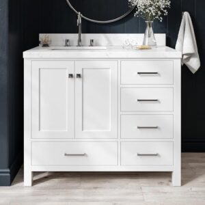 ariel cambridge 42 inch bathroom vanity with sink, white bathroom vanity, solid wood vanity base cabinet, carrara white quartz 1.5" edge, rectangular single sink, 2 soft closing doors, 5 drawers