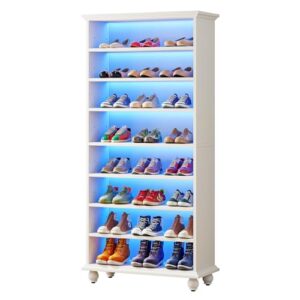 little tree 69" tall shoe storage cabinet with led lighting, 9-tier 30 pairs freestanding shoes display cabinet with solid wood legs for entryway, white