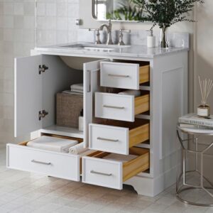 ariel stafford 37 inch bathroom vanity with sink, white bathroom vanity, solid wood vanity base cabinet, carrara marble countertop, left rectangular undermount sink, 2 soft closing doors, 5 drawers