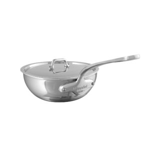 mauviel m'urban 4 tri-ply polished stainless steel curved splayed saute pan with lid and cast stainless steel handle, 2.1-qt, made in france