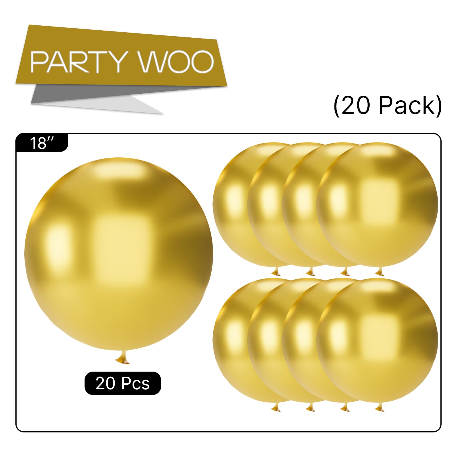 PartyWoo Metallic Gold Balloons, 20 pcs 18 Inch Gold Metallic Balloons, Chrome Gold Balloons for Balloon Garland or Arch as Party Decorations, Birthday Decorations, Baby Shower Decorations, Gold-G101