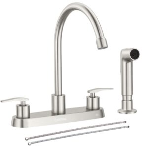 dayone kitchen faucet with side sprayer 2 handle brushed nickel, 8 inches 4 holes centerset kitchen sink faucet, pull out stainless steel sink faucets for rv laundry bar with supply lines, day-cr2001