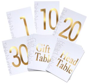 elegaaura 32 pcs wedding table numbers, gold table numbers for wedding reception, double sided foil number cards 1-30 + head & gift table, 4x6 in table signs for restaurant, baby shower, party, event